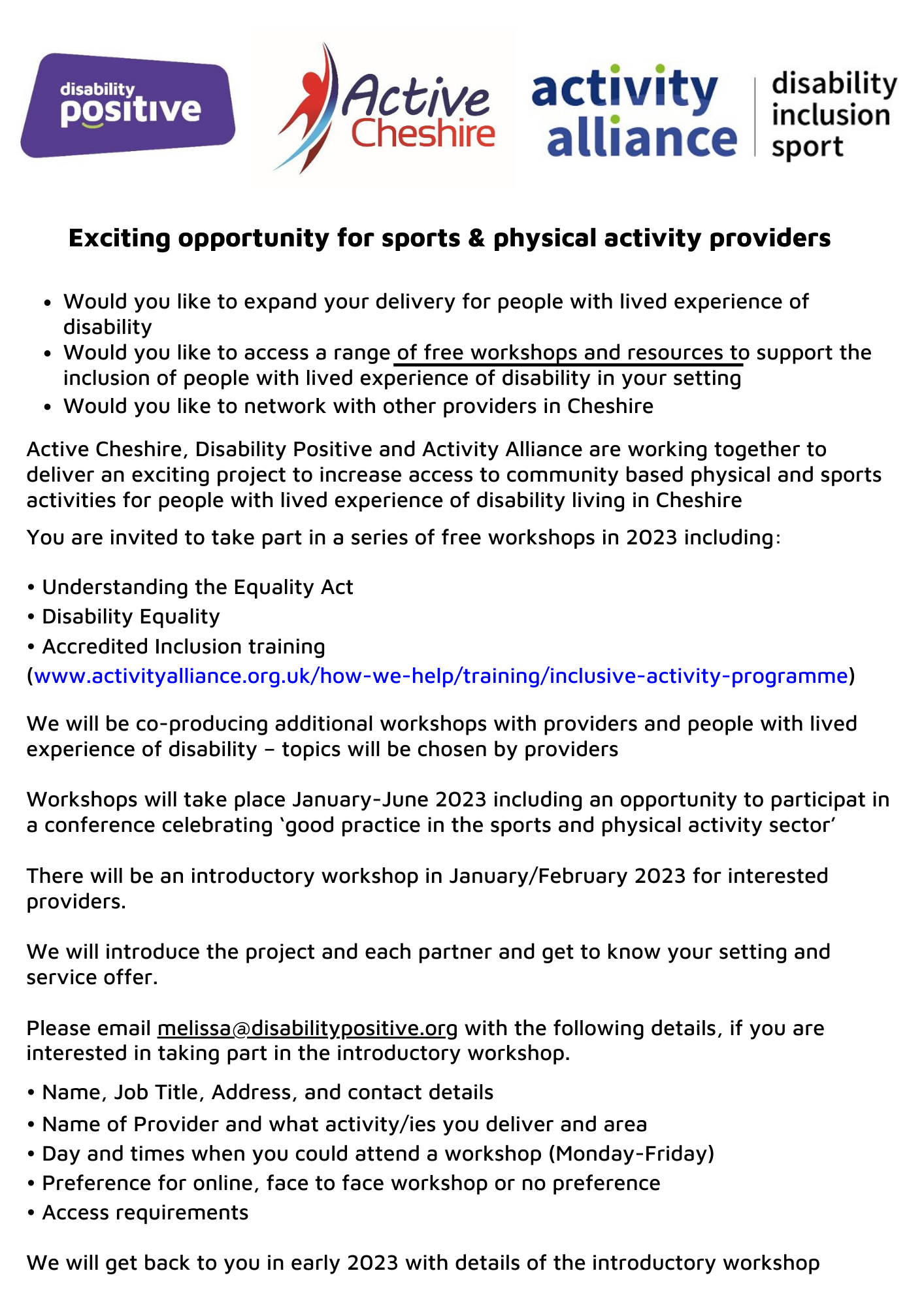 Opportunity for Sports and Physical Activity Providers - Disability ...
